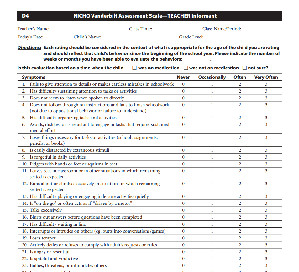 What Is The Vanderbilt Assessment For ADHD Linear Health